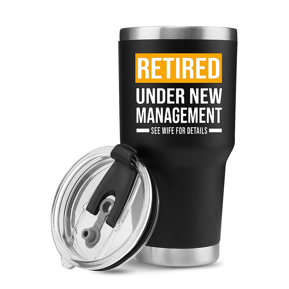 Panvola Retired Under New Management See Wife for Details Funny Retirement Gifts to Husband Retired Dad Retiree Mug Vacuum Insulated Tumbler 30 oz Black