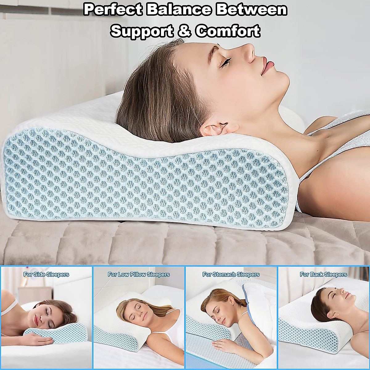 Neck Pillow Memory Foam, Neck/Shoulder Pain Relief, with Replacement Pillowcase【Cooling Ice Silk&Cotton】 Cervical Sleeping Pillow Neck Contour Support Bed Pillow for Side Back Stomach Sleeper