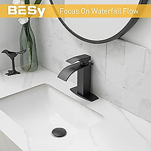 BESy Black Waterfall Spout Bathroom Faucet, Single Handle Bathroom Sink Faucet with Pop-up Drain, Rv Vanity Faucet with Deck Plate & Supply Hoses, Matte Black, 1 or 3 Hole