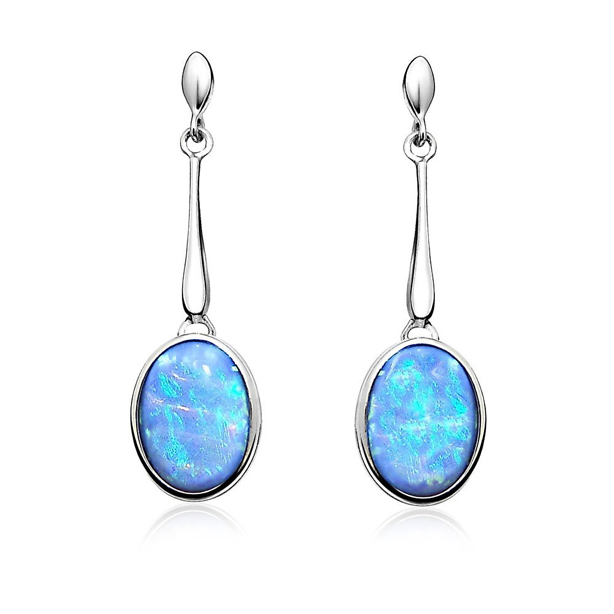 Paul Wright Created Blue Opal Dangle Earrings in 925 Sterling Silver, 10x8mm Oval, Vibrant Blue Color, on Posts