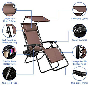 Zero Gravity Chairs Set of 2 Clearance with Sunshade Canopy and Cup Holder Tray Padded Adjustable Antigravity Lounge Folding Chair Patio Lounge Chair for Outdoor, Camping, Patio, Lawn, Brown