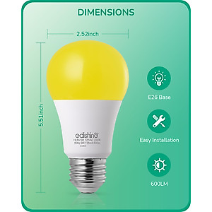 EDISHINE Dusk to Dawn Bug Light Bulbs Outdoor, 2000K Amber Glow Outdoor LED Light Bulb, Automatic On/Off, Yellow Light Bulb, 600LM, 9W(60W Equivalent), E26 Base, 4 Pack, UL Listed