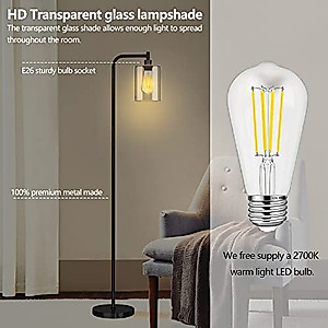 QiMH Industrial Floor Lamp for Living Room, Modern Standing Lamp with HD Glass Lampshade and Pedal Switch, 67” Tall Pole Light for Bedroom Study Room, Black (2700K LED Bulb Included)