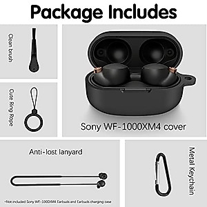 for Sony WF-1000XM4 Case Cover,Woocon 5 in 1 Soft Silicone Protective Accessories Kit Skin Sleeve for Sony WF1000XM4 True Wireless Earbuds Charging Case with Keychain/Anti-Lost Strap/Ring/Brush(Black)
