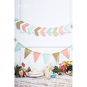 Glitter Gold Mint Coral Party Banner Decoration Anniversary Graduation Supplies Paper Garland Pennant for Baby Shower Birthday Party Nursery Anniversary Decorations 10 Feet 15 Pcs (Gold Coral Mint)