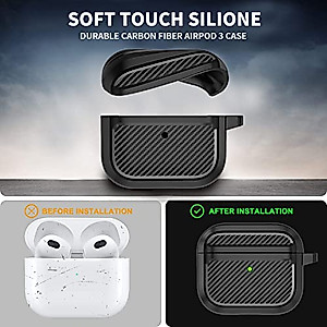 Aiiko Airpod 3rd Generation Case, Airpods Gen 3 Case for Men with Keychain Carbon Fiber Military Armor Series Protective Air Pods Case Cover for Apple Airpods Third Generation Charging Case- Black