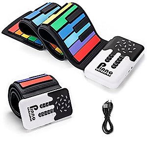 POGOLAB 49 Key Roll Up Keyboard Piano, Portable Digital Electric Foldable Piano Keyboard, Rechargeable, 8 Tones, 6 Educational Demo Songs, for Beginners Gift (Rainbow)