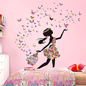DEKOSH Girl Nursery Wall Decals Set of 2 Designs | Full Wall Multiple Designs Beautiful Girl with Flowers & Butterflies Decorative Wall Stickers for Girls Bedroom