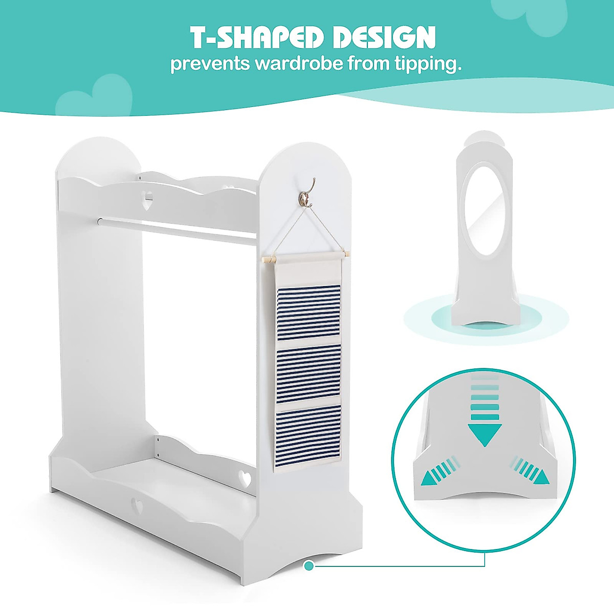 JOYLDIAS Kids Dress Up Storage with Mirror, Kid Armoire W/Side Hook Pockets, Pretend Storage Closet for Kids, Costume Dress-up Wardrobe W/Top Shelf Shoes Storage for Bedroom Girls Room, White