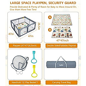 Baby Playpen with Mat, Large Baby Playard for Toddler, BPA-Free, Non-Toxic, Safe No Gaps Play Yard for Babies, Indoor & Outdoor Kids Activity Center 47"x47"x26.5" with 0.4" Foldable Playmat