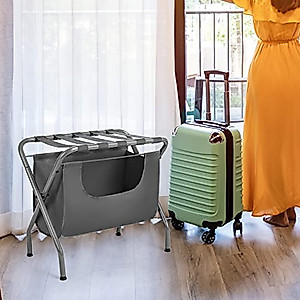 ELYKEN 2 Pack Luggage Rack with Laundry Bag, Guest Room Folding Space Saving Suitcase Holder, Max 110LBS Baggage Shelf with Heavy Duty Nylon Belts, Dirty Clothes Storage for Bedroom Hotel