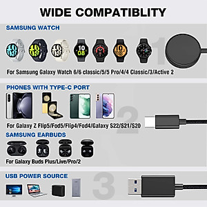 Galaxy Watch 6 Charger Compatible with Samsung Galaxy Watch 6/6 Classic/5/4/3/Active, USB C Charging Cable for Galaxy S23/S22/S21/S20/S10/Note 20/10/9/Buds, 2 in 1 4FT Wireless Charger Dock Cord