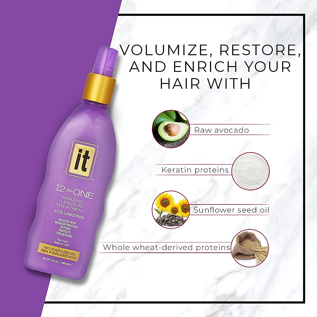 12-in-One Volumizing Amazing Leave-In Hair Treatment - Infused with Keratin, Avocado, and Whole Wheat to Strengthen and Add Volume - Conditioner Spray to Protect Dry and Damaged Hair - IT 12-in-One