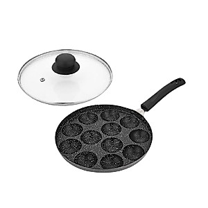 Non Stick Aluminium Long Handel 12 Pits Appam Pan with Transparent Glass Lid - Black and Silver