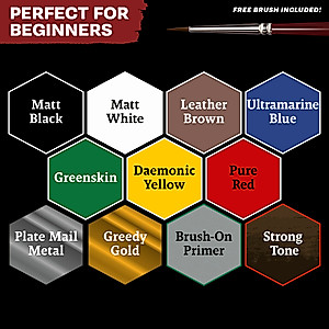 The Army Painter Warpaints Fanatic: Starter Set, 11 paints: 7 acrylic colours, 2 Metallics, 1 Wash, 1 Brush-On Primer, 1 Free Miniature figure and Starter Brush