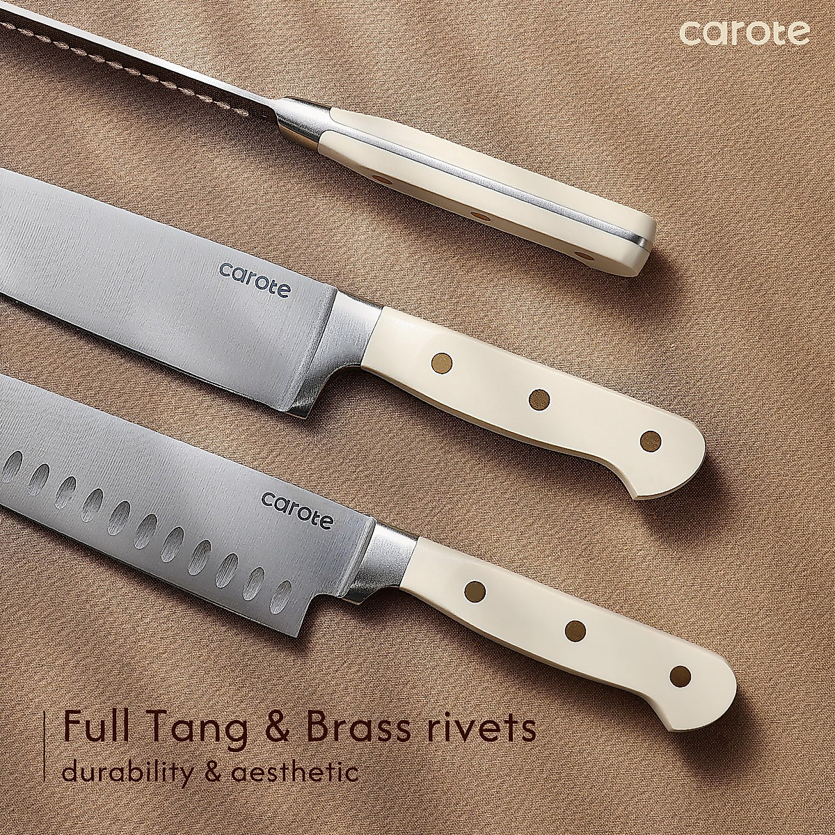 CAROTE 11PCS Knife Set with Block for kitchen, Stainless Steel Razor-Sharp Blade, Triple Riveted Ergonomic Handle,Essential Knife Set, Beige