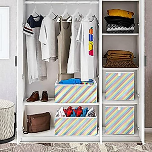 xigua Storage Cube Bright Rainbow Strips Foldable Storage Bins, Closet Shelves Organizer Fabric Storage Baskets for Clothes, Toys, Books, Office Supplies (Square)