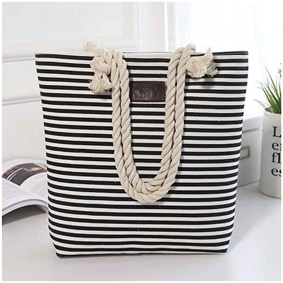 Canvas Tote Bag | Canvas Striped Hemp Rope Handle Shoulder Tote Bag | Black Stripe Tote Bag | Tote bag For Multipurpose Used., Large