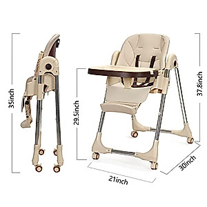 Foldable Highchair for Babies & Toddlers, Multiple Adjustable Backrest, Detachable PU Leather Cushion, Built-in Rear Wheels, PU Leather Cushion (Brown)
