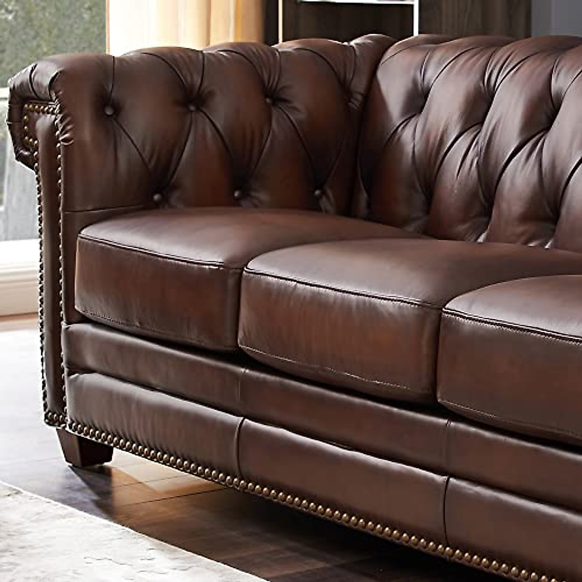 Hydeline Stanwood Top Grain Leather Sofa Couch, 89'', Caramel Brown