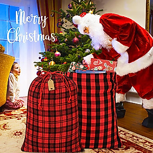 HRX Package 2pcs Cotton Santa Bag, 28x20 inch Plaid Fabric Drawstring Christmas Bags, Reusable Cloth Wrapping Bag with Gift Tag for Xmas Presents