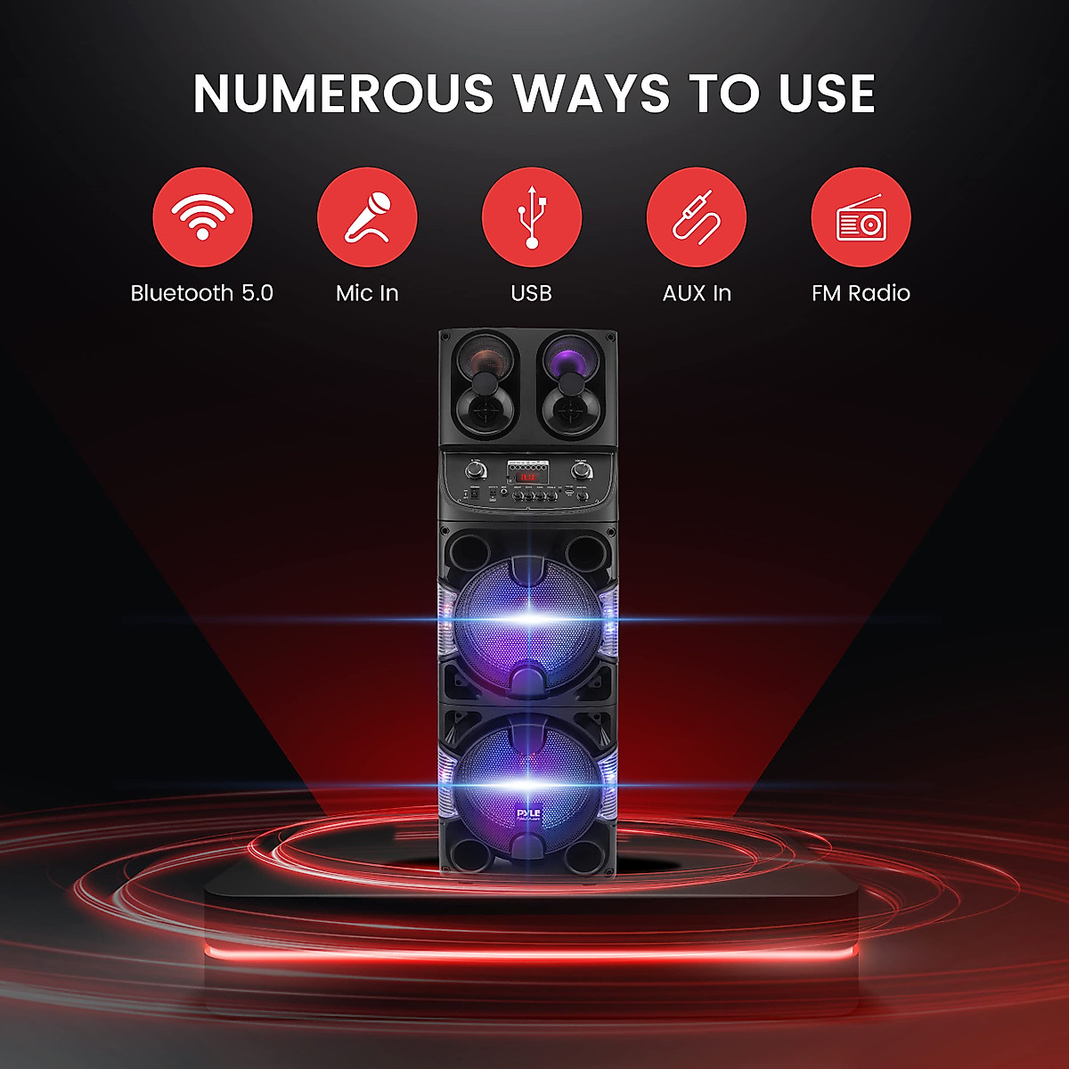 Pyle Portable Bluetooth PA Speaker - 600W Dual 10” Rechargeable Indoor/Outdoor BT Karaoke Audio System -LED Display, FM/AUX/MP3/USB/SD, 1/4" in, Handle, Wheels -Wireless Mic, Remote Control