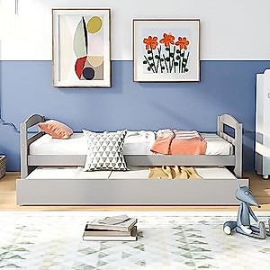Harper & Bright Designs Twin Daybed with Trundle, Solid Wood Bed Twin Size Bed Sofa Platform Bed Frame, No Box Spring Needed (Twin Size, Gray)