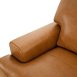 Naomi Home Genuine Leather Sofa - Luxurious Comfort, Goose Feather Cushion Filling, Square Arm Design, Sturdy Block Legs, Elegant Tan - Ideal for Living Room, Office, or Bedroom