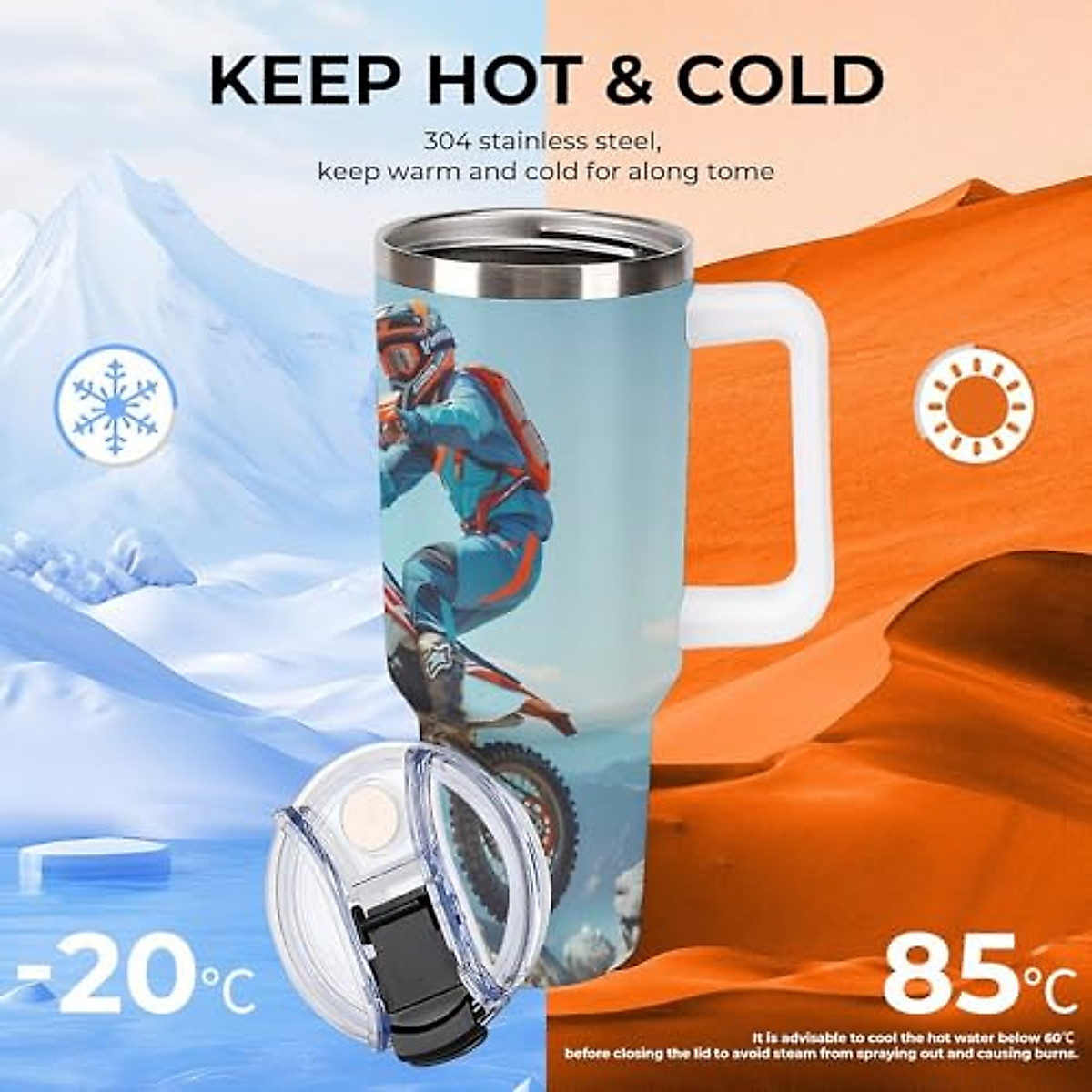 Motocross Dirt Bike Insulated Tumbler with Handle Stainless Steel Travel Coffee Mug with Lid And Straw 40oz