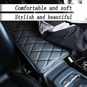 Four-Season Universal Leather Car Center Console Cover with Check Design Car Interior Accessories,Comfortable Center Armrest Pad,Prevents Scratches on Center Console for Truck,Car,SUV (Black)