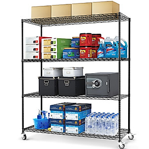 Rengue Wire Shelving with Wheels, 60"x 24"x72" Metal Storage Shelves, 4-Tier Heavy Duty Garage Storage Shelves, Chrome 2400LBS Capacity Wire Shelf Rack for Restaurant, Garage, Pantry, Kitchen