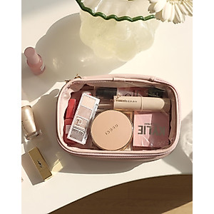 Pocmimut Makeup Bag,PU Leather Clear Makeup Bag Travel Makeup Bag Car Essentials for Women,Travel Essentials Cosmetic Bag Organizers(Beige)