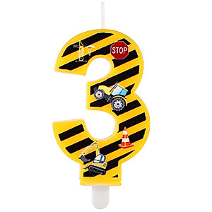 Construction Birthday Candle, Happy Birthday Candles Numbers Construction Cake Topper Yellow and Black Striped Candles for Boys Construction Birthday Party Supplies Decorations (Number 3)
