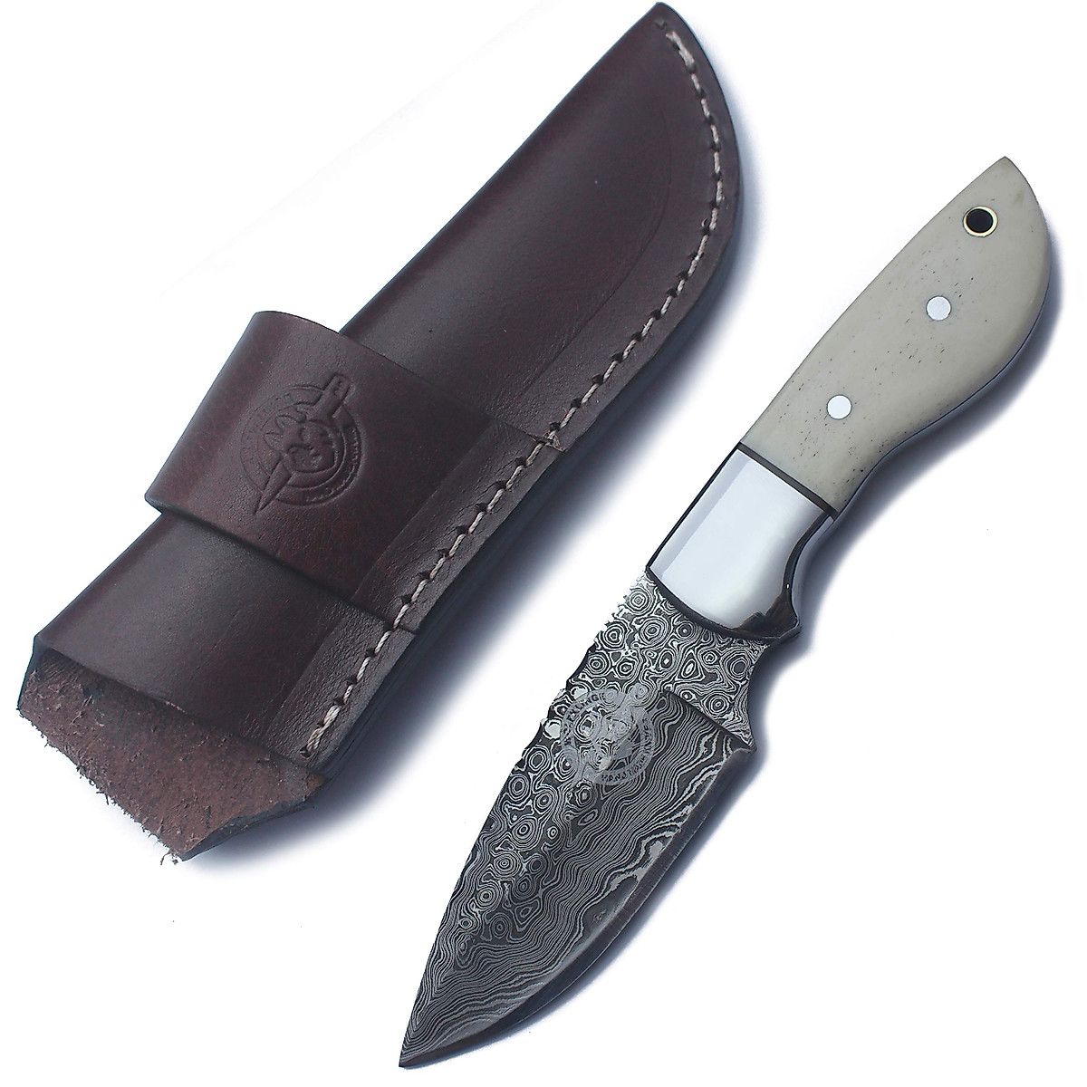 WolfKlinge Handmade Damascus Steel Knife Fixed Blade for Fishing,Hunting,Camping,Bushcrafting and Survival with Full Tang Camel Bone Handle and Cowhide Leather Sheath - DCX17-7