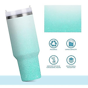 Caikeny Insulated Tumblers with Lid and Straw Blue Turquoise Teal Glitter 40 oz Reusable Stainless Steel Cup Water Bottle Coffee Travel Tumbler Mug for Women Men