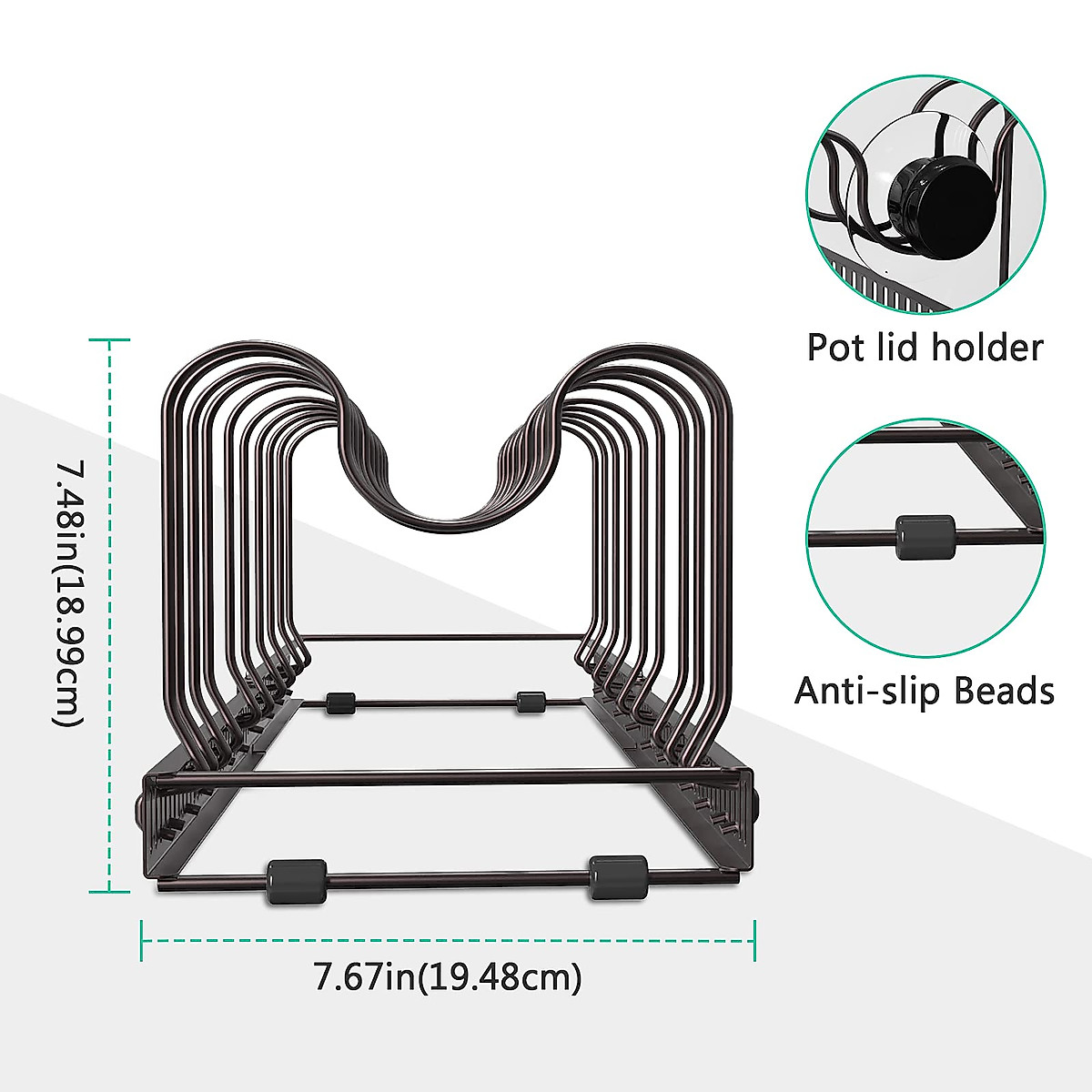 Puricon Expandable Pot and Pan Organizer for Cabinet with 10 Dividers, Adjustable Pots and Pans Organizer Rack Pan Lid Cookware Bakeware Baking Storage Holder for Kitchen Countertop Pantry -Bronze