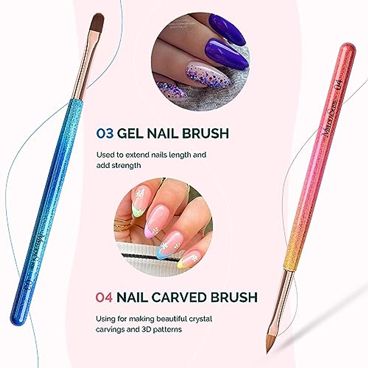 MelodySusie Nail Art Brushes Set,7pcs Professional Pen Nail Gel Brush,Nail Extension and Builder Brush,Liner Brush 2 Sizes Dotting Tools,Gradient Fashion Design for Home DIY Salon Use