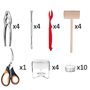 Artcome 21 Pcs Seafood Tools Set includes 4 Crab Forks, 4 Lobster Crab Crackers, 4 Lobster Shellers, 4 Butter Warmers, 4 Lobster Crab Mallets, 1 Seafood Scissor