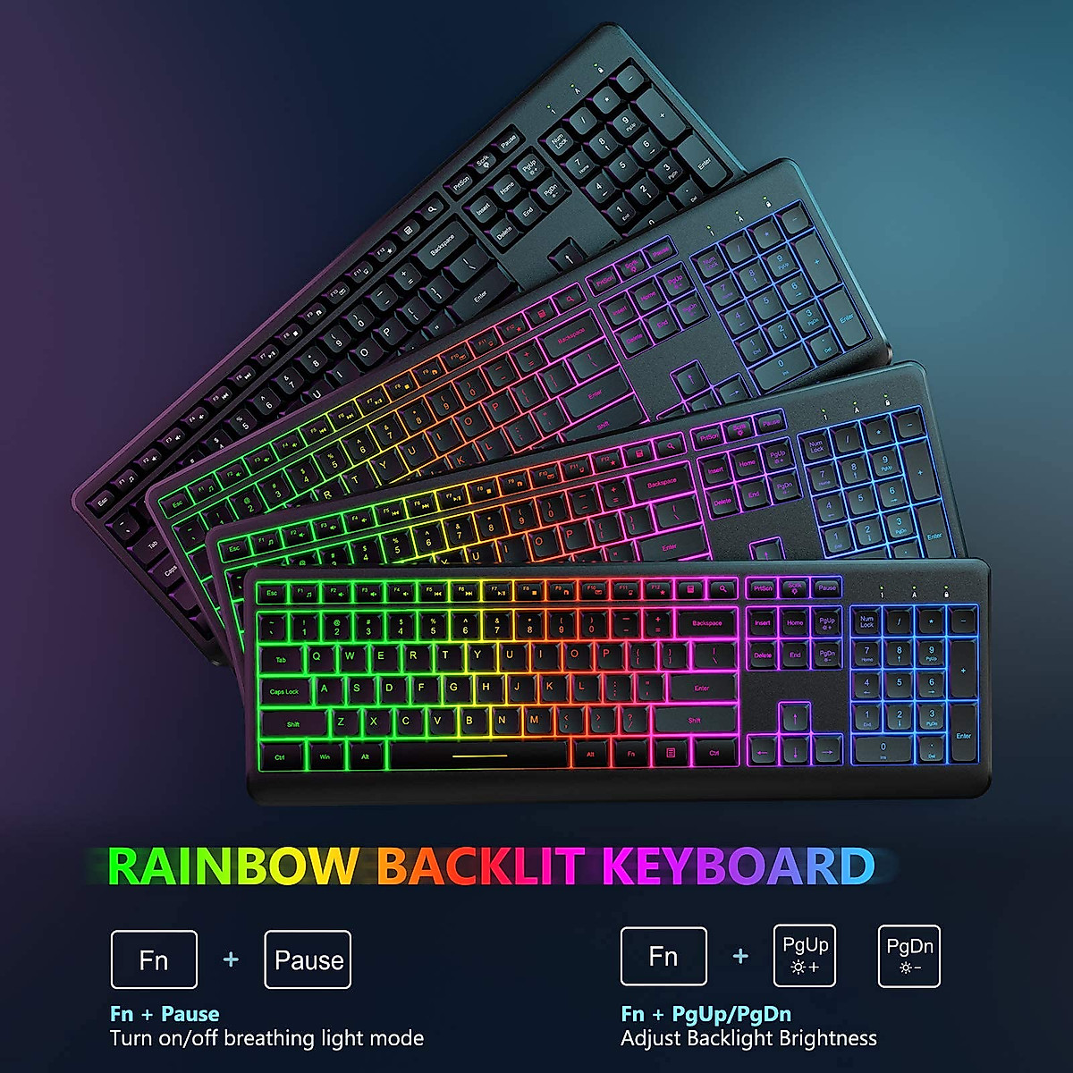 Wireless Keyboard and Mouse Combo Backlit , seenda Rechargeable Full-Size Illuminated Wireless Keyboard and Mouse Set, 2.4Ghz Silent Keyboard and Mouse for Computer, Laptops, Windows, Gaming, Black