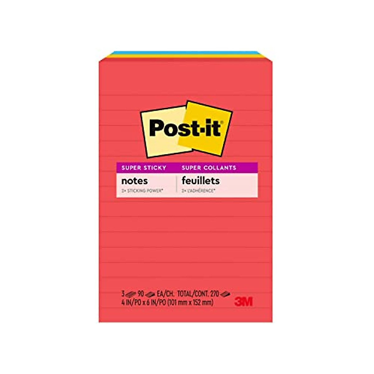 Post-it Super Sticky Notes, Assorted Sizes, 13 Pads, 2x the Sticking Power, Playful Primaries, Primary Colors (Red, Yellow, Green, Blue, Purple), Recyclable (4623-13SSAU)