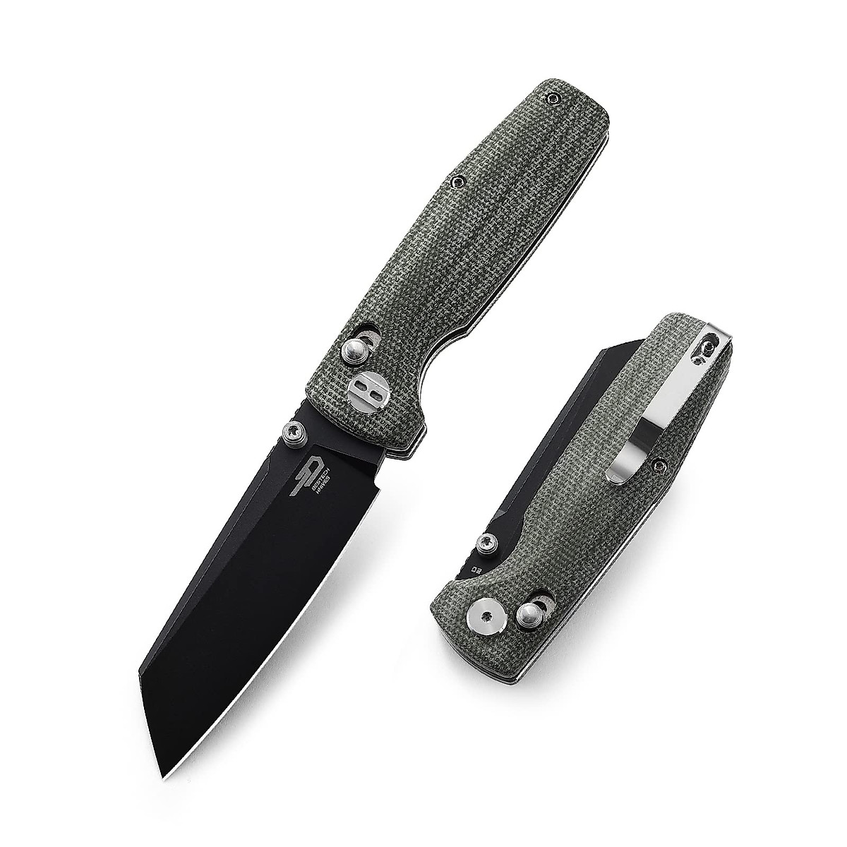 BESTECH KNIVES Pocket Folder Folding Knife: 3.07" D2 Steel Black Cleaver Blade, Micarta Scales, Thumbstud, B-Lock, EDC Steel Clip, BG43B-2 (Green Micarta)