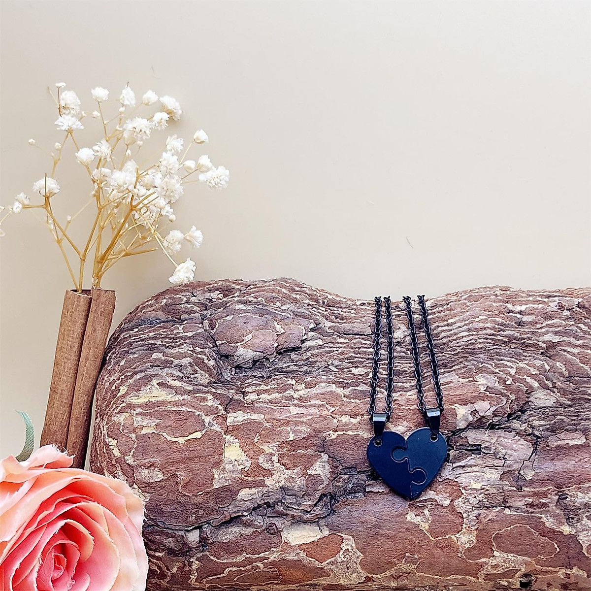 JOYA GIFT 2 Pieces Gold Stainless Steel Heart-shaped Necklace Puzzle set Black Couple Necklace His and Her Pendant Necklaces Matching for Boyfriend Girlfriend Best Friends Jewelry Gift