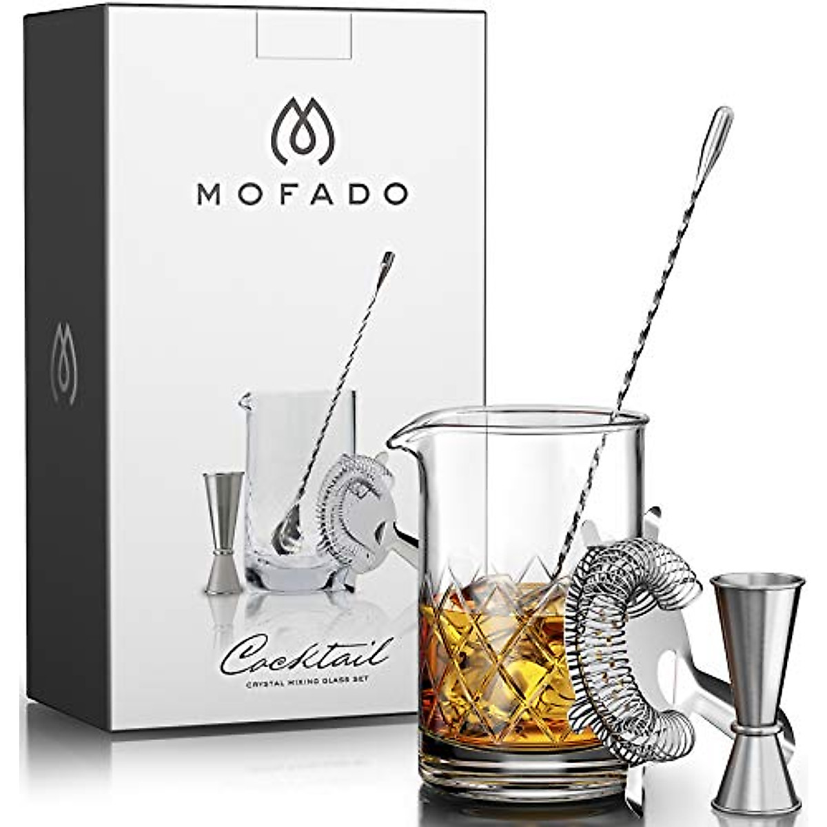 MOFADO Crystal Cocktail Mixing Glass Set - 4 Piece - 18oz 550ml - Thick and Sturdy Bottom, Durable Crystal Mixing Glass, Spoon, Jigger, Strainer - Beautiful Gift