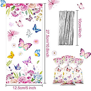 Pajean 100 Pcs Butterflies Cellophane Treat Bags Watercolor Flowers Butterfly Printed Goodie Candy Favor Bags with 100 Twist Ties for Butterfly Girls Birthday Baby Shower Summer Themed Party Supplies