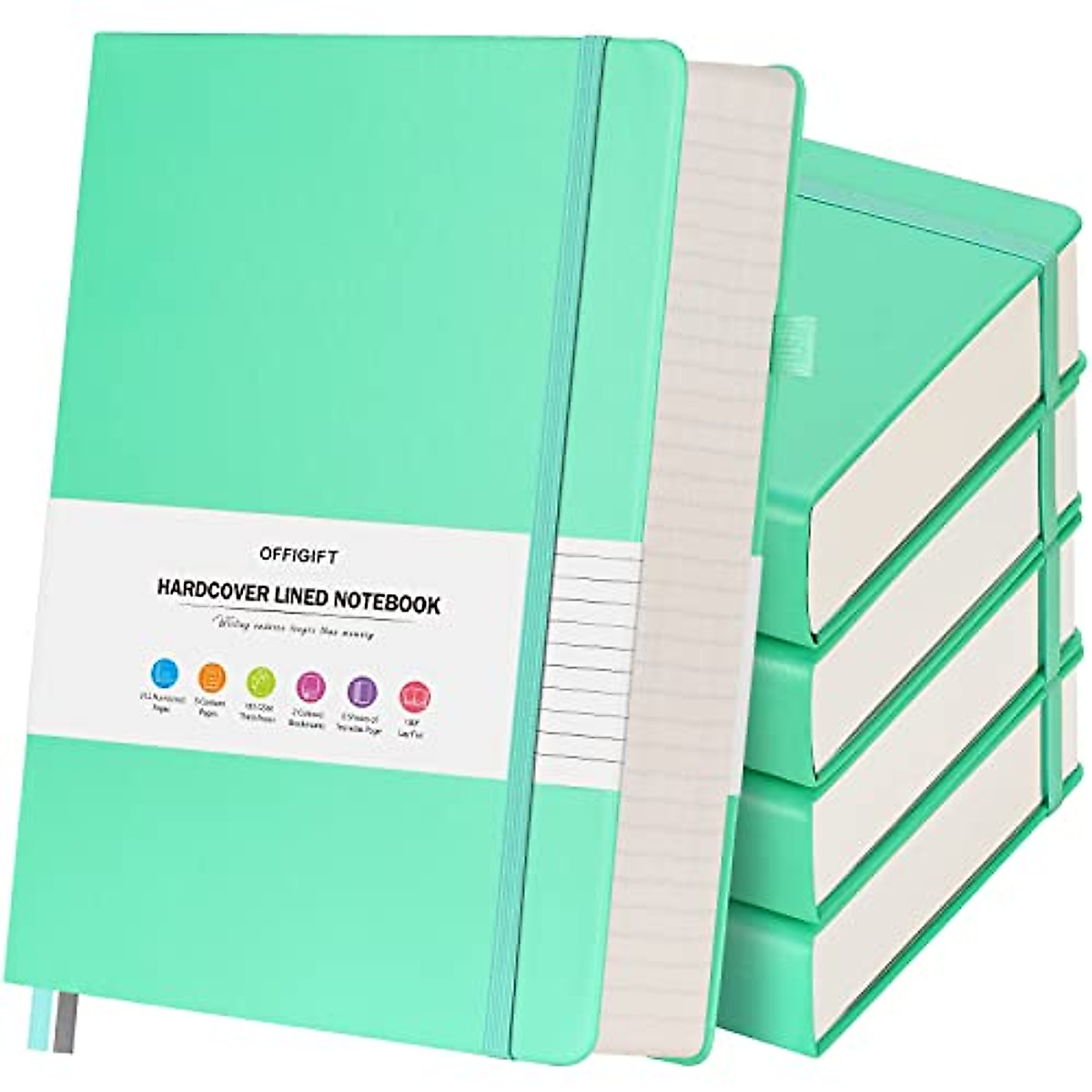 OFFIGIFT 5 Pack College Ruled Notebook, 312 Numbered Pages Thick Notebooks Bulk, 100gsm No Bleed Paper Hardcover Leather Journal, Lined Journal Notebook Set for Women Men School Office, A5, Teal