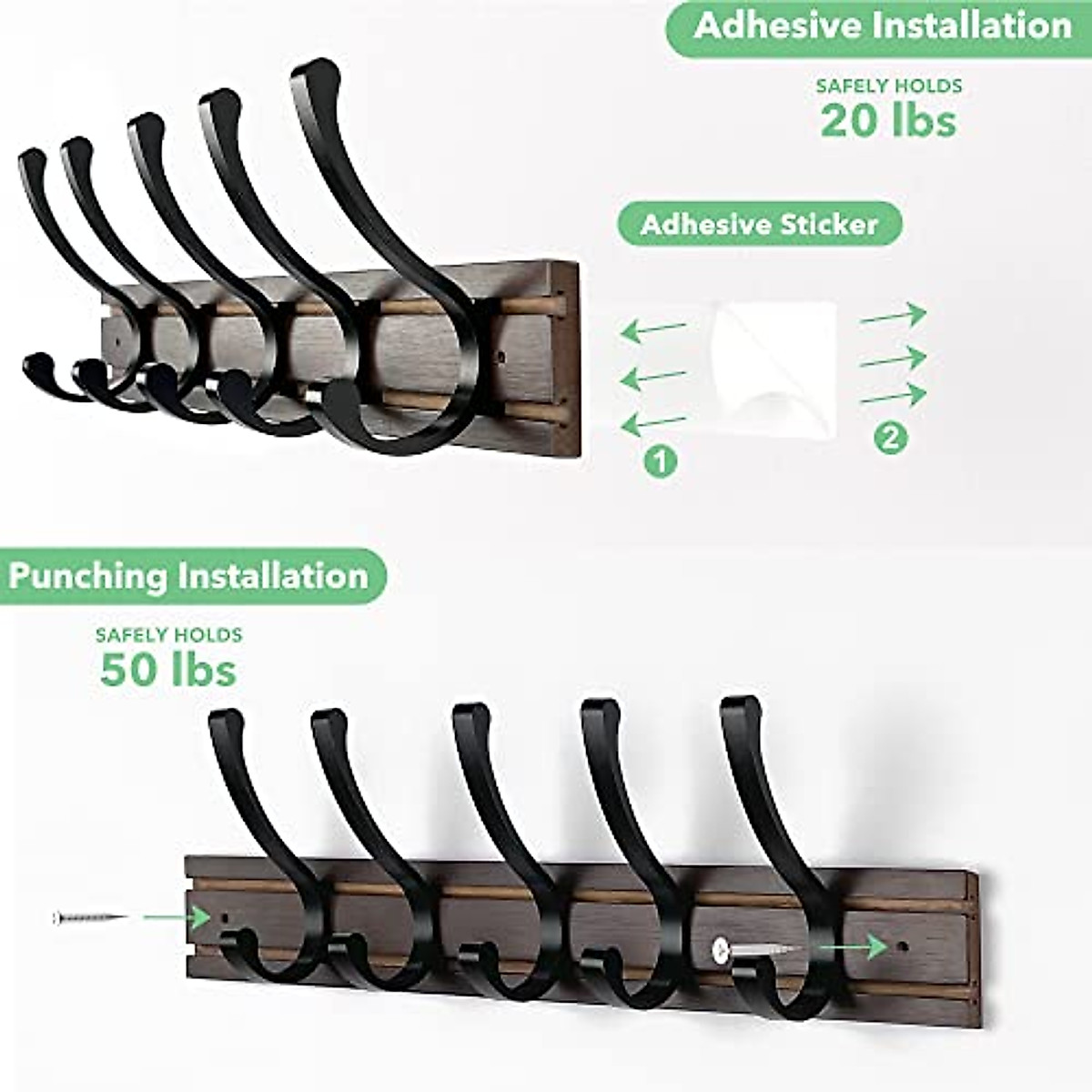 bussdis Coat Rack Wall Mount - 5 Wall Hooks for Hanging, Coat Hooks Wall Mounted, Bamboo Rustic Farmhouse Heavy Duty Towel Hooks, Coat Hook Rail for Coats, Towel, Hat, Keys, Purse, Bag and Robe