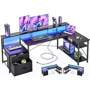 TIQLAB Computer Desk L Shaped with Drawers, 65” Gaming Desk with Power Outlets and LED Strips, Large L Shaped Corner Desk with Monitor Stand, Home Office Desk for Corner Space, Carbon Black