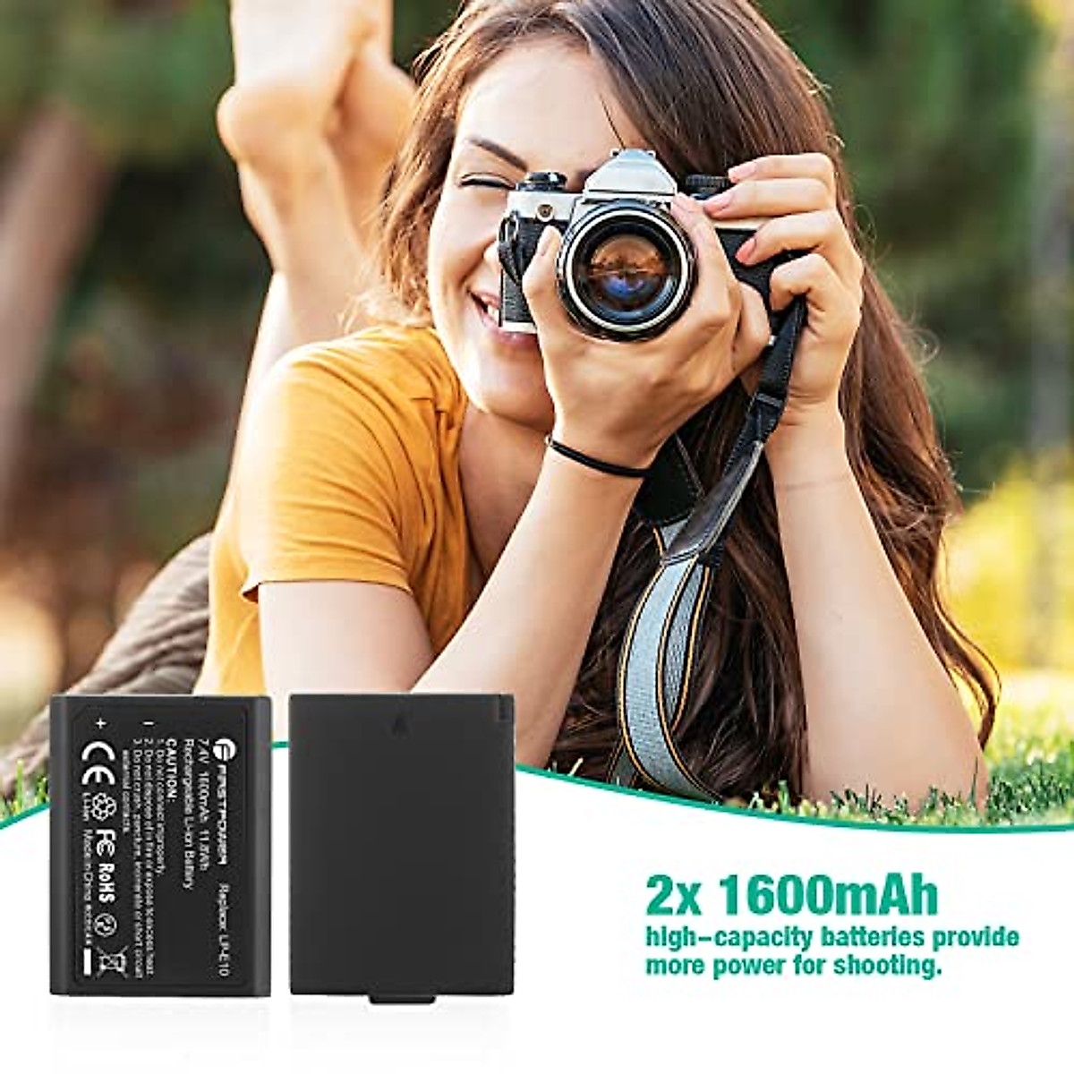 FirstPower Replacement LP-E10 Batteries Compatible with Canon EOS Rebel T3, T5, T6, T7, T100, Kiss X50, Kiss X70, 1100D, 1200D, 1300D, 2000D Cameras (2-Pack 1600mAh)