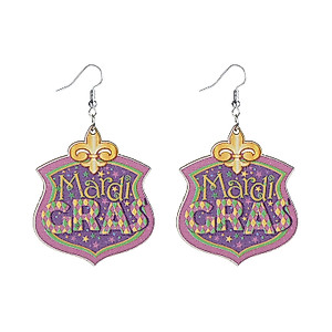 Mardi Gras Earrings for Women Lightweight Wooden Carnival Earrings Purple Green Pendant Earrings Mardi Gras Accessory for Party Favors Crown Clown Hat Lips 6 Pairs