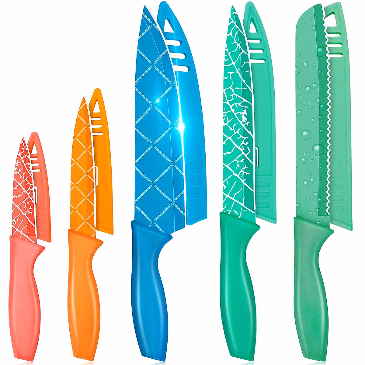 Mosheng Knife Set,5 Piece Colorful Knife Sets with Unique Non Stick Coating Surface,Stainless Steel Knives Set with Covers,Kitchen Knife Box Set,Chef Knife,Santoku Knife,Utility and Paring Knife
